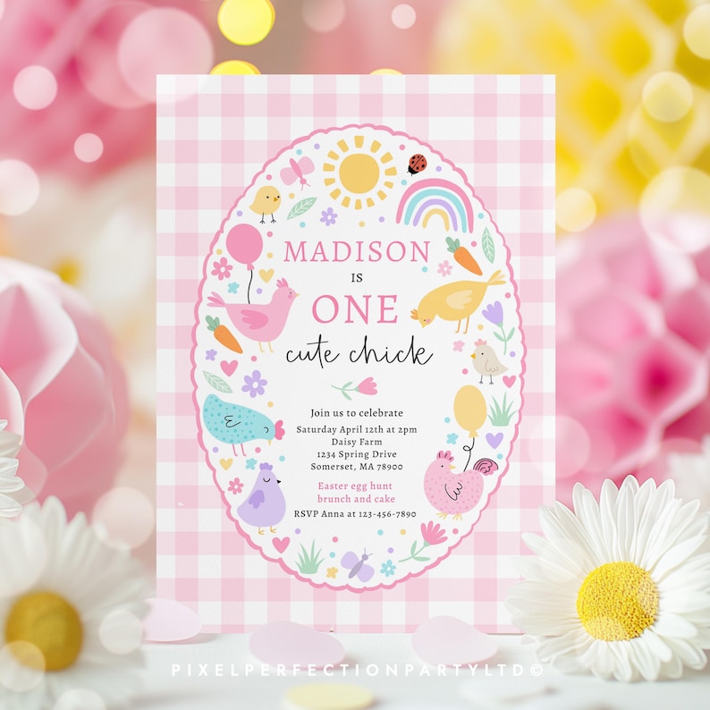 Editable Chicken Birthday Party Invitation One Cute Chick 1st Birthday ...