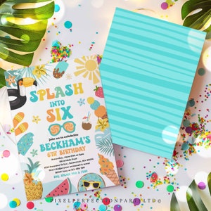 Editable Splash Into Six 6th Birthday Pool Party Invitation Tropical ...