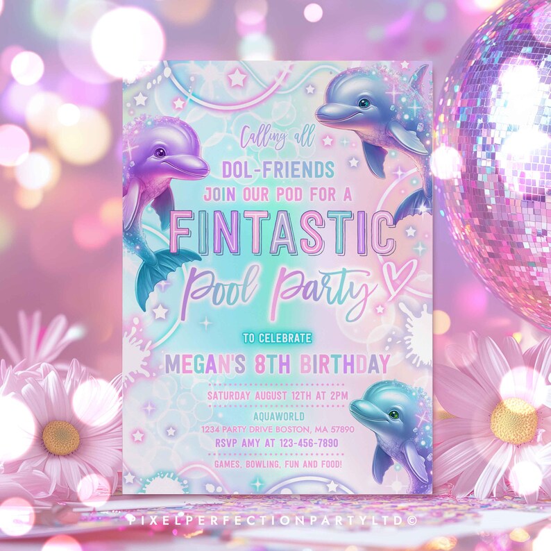 Editable Dolphin Pool Party Invitation Tie Dye Neon Glow Dolphin Under ...