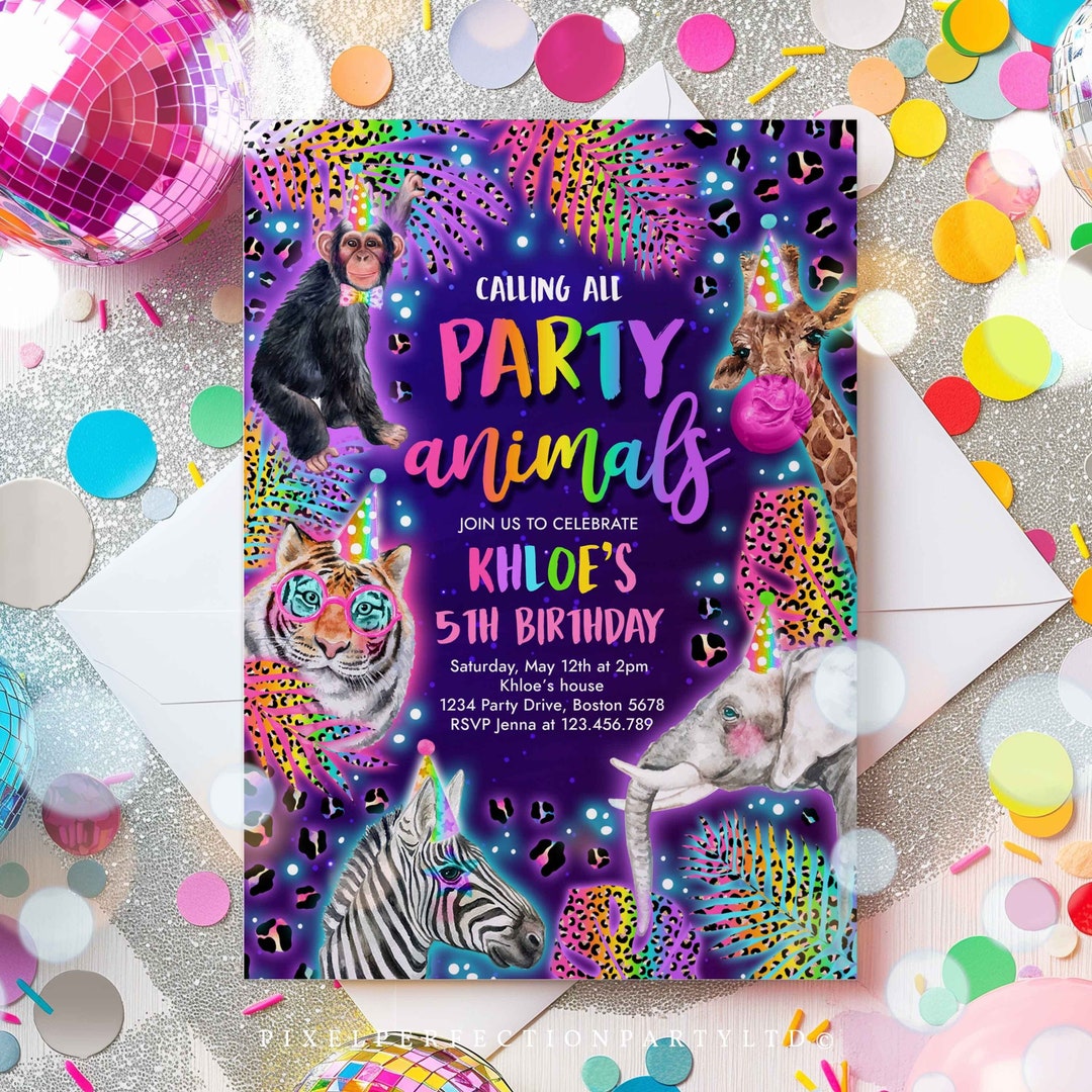 Editable Party Animals Birthday Invitation Neon Rainbow Cheetah Print ...