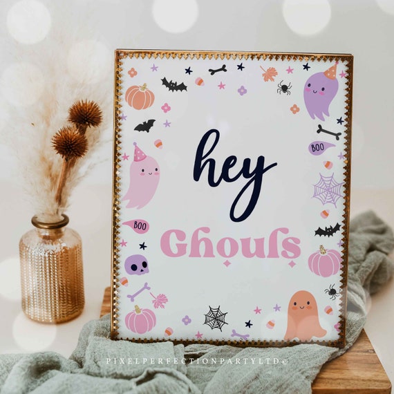 Cute Pink Halloween Ghost Party Sign Hey Ghouls Table Sign Ghost ...