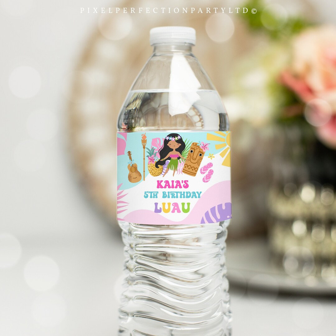 Editable Hawaiian Luau Birthday Party Water Label Luau Pool Party ...