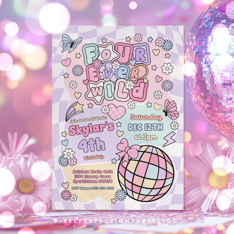 Editable Four Ever Wild Preppy Birthday Party Invitation Y2K Retro ...