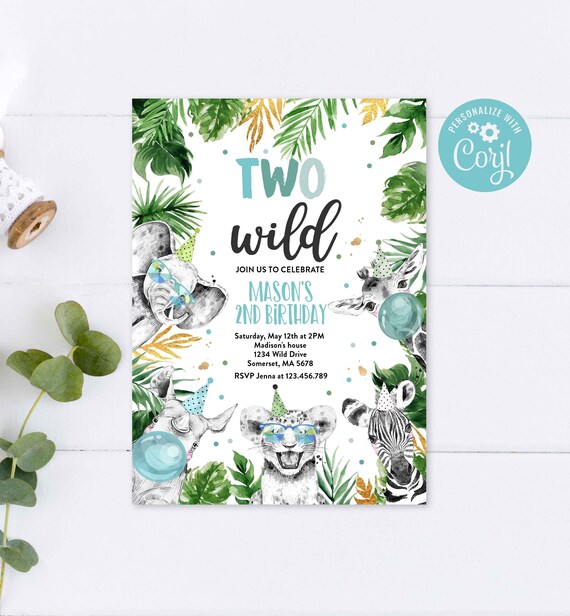Editable Two Wild Birthday Invitation Safari Animals Invitation Two 