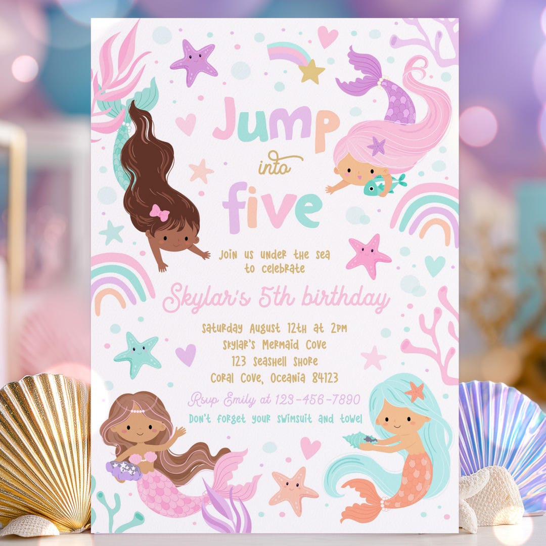 Editable Mermaid Jump Into Five Birthday Party Invitation Cute ...
