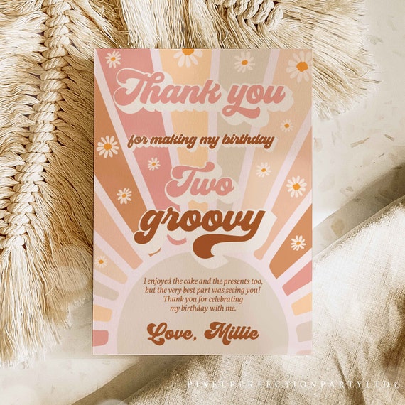 Editable Two Groovy Birthday Thank You Card Retro Sunshine Two Groovy ...