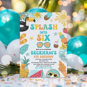 Editable Splash Into Six 6th Birthday Pool Party Invitation Tropical ...