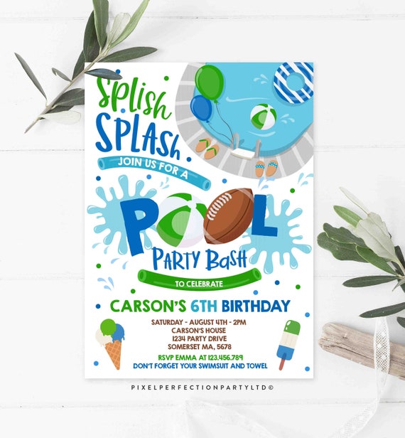 Editable Football Pool Party Invitation Sports Summer Pool Party Sports ...