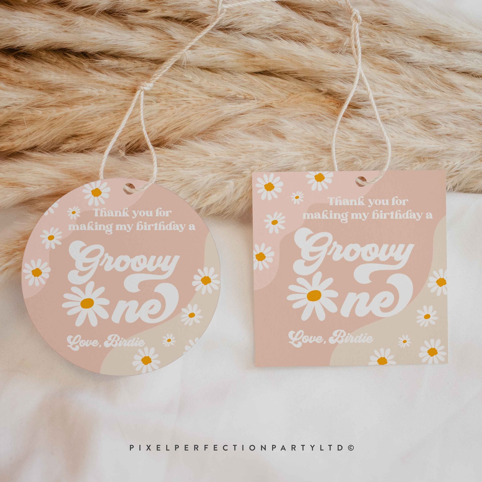 Editable Groovy 1st Birthday Party Favor Tag Pink Retro Groovy Floral ...