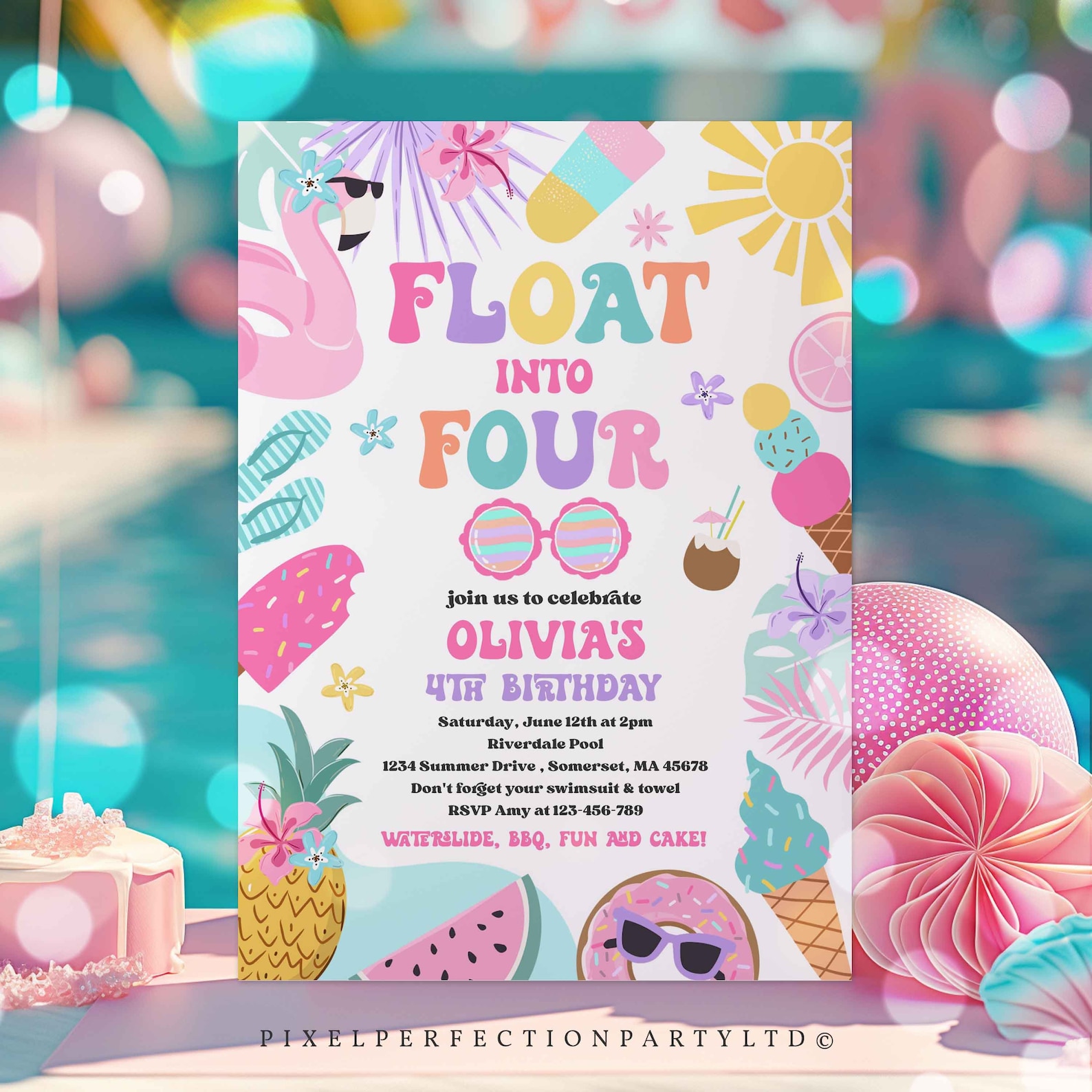 Editable Float Into Four 4th Birthday Pool Party Invitation Tropical ...