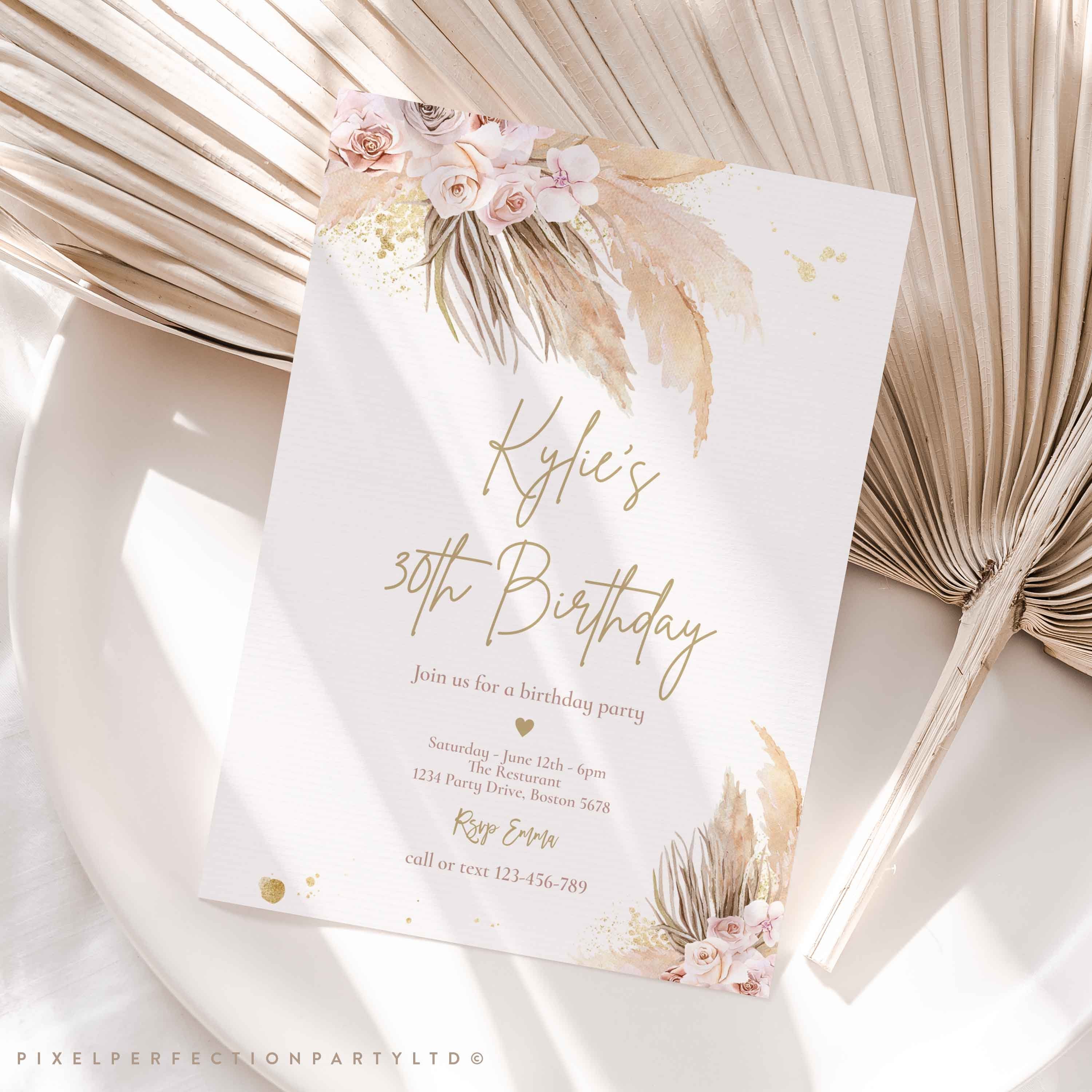 Invitations Editable Pampas Grass Birthday Invitation Bohemian Birthday ...