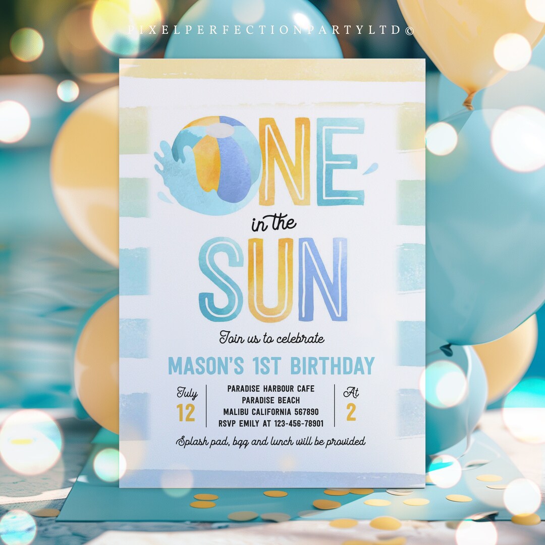 Editable One in the Sun 1st Birthday Party Invitation Beach Ball Summer ...