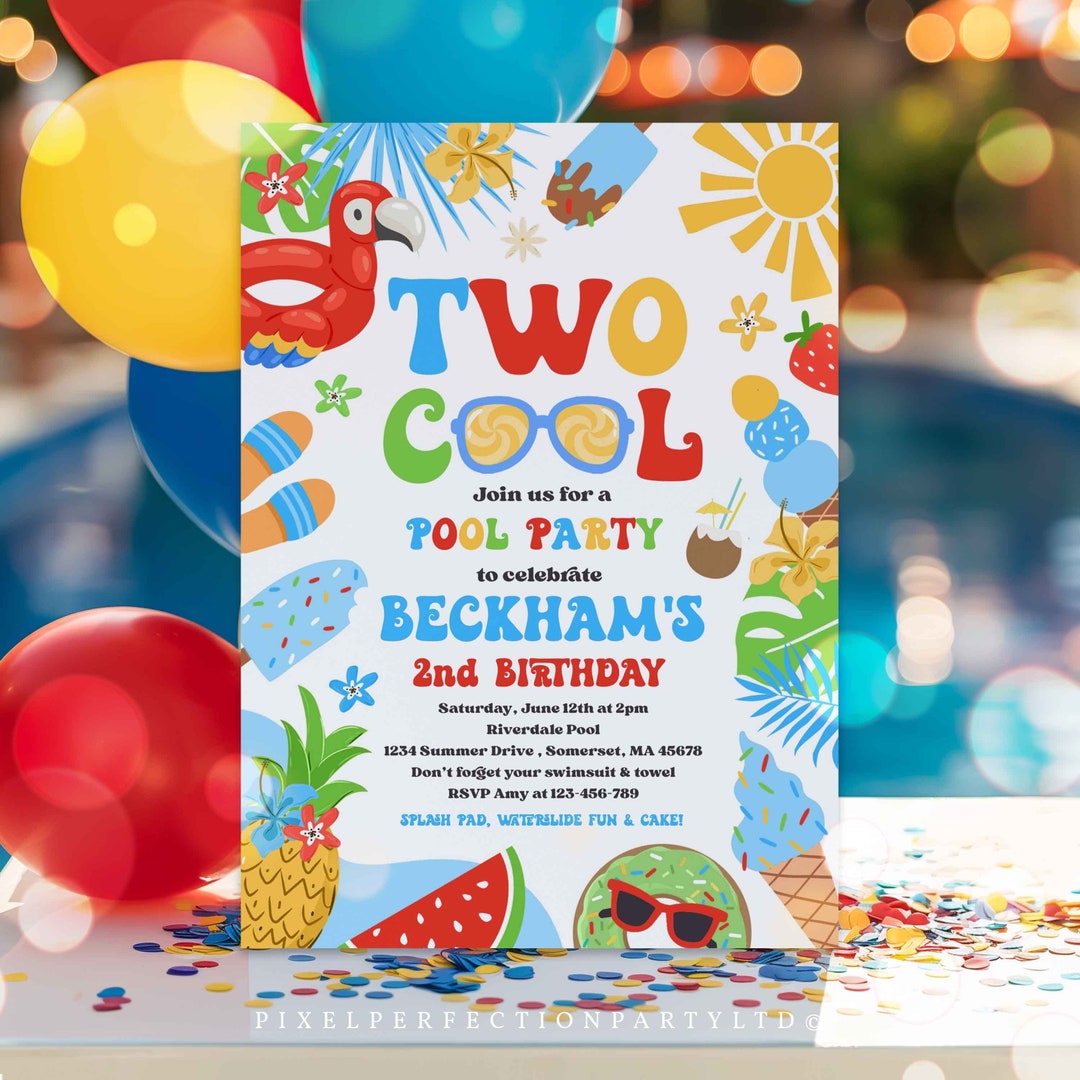 Editable Two Cool Birthday Party Invitation Tropical Splish Splash ...