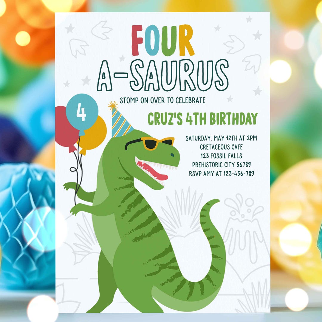 Editable Four-a-saurus Dinosaur 4th Birthday Party Invitation Boy T-rex ...