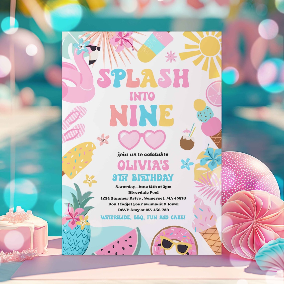 Editable Splash Into Nine 9th Birthday Pool Party Invitation Tropical ...