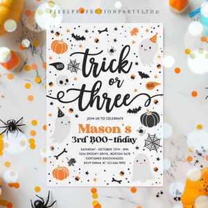 Editable Trick or Three Halloween Ghost 3rd Birthday Party Invitation ...