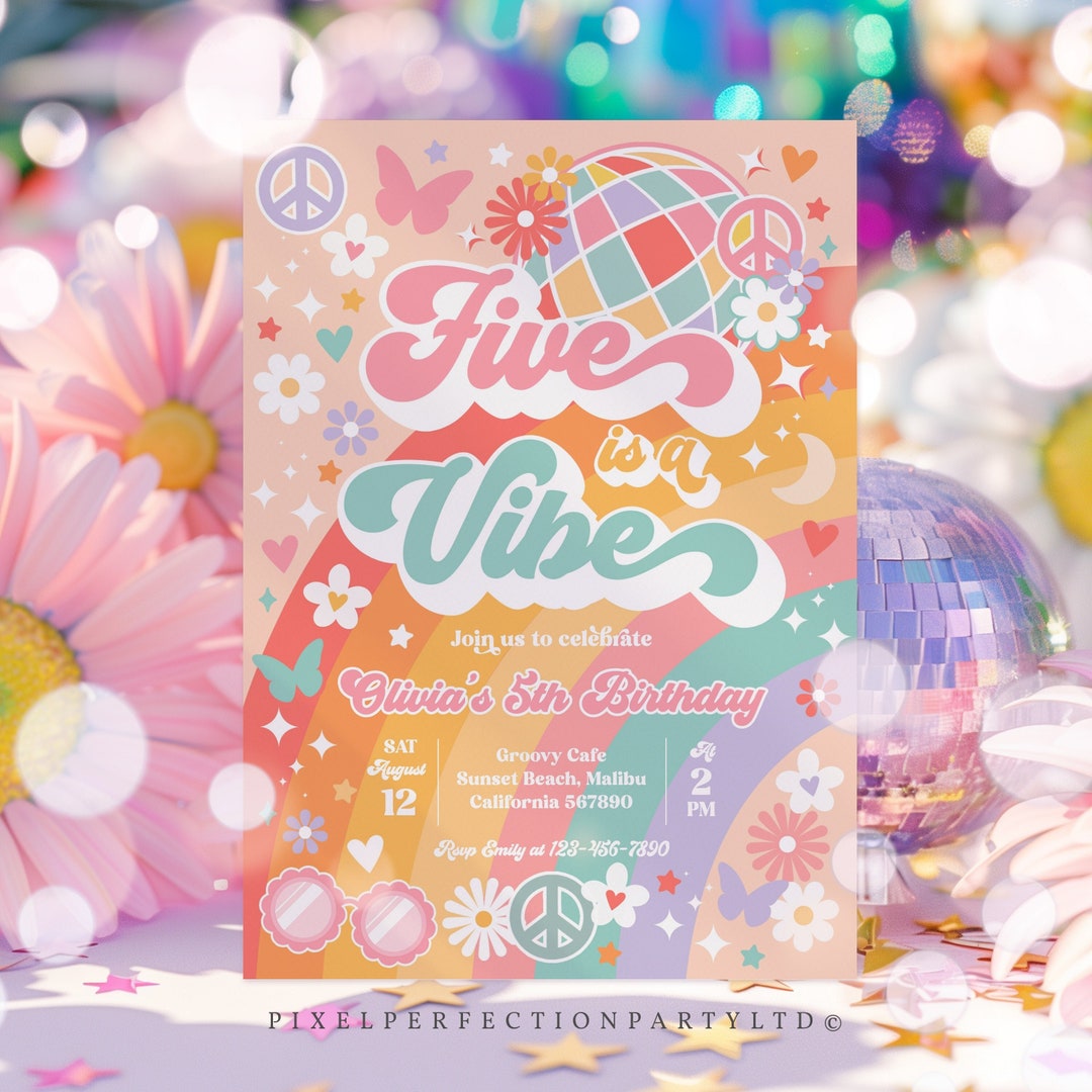 Editable Five is A Vibe 5th Birthday Party Invitation Rainbow Sunshine ...