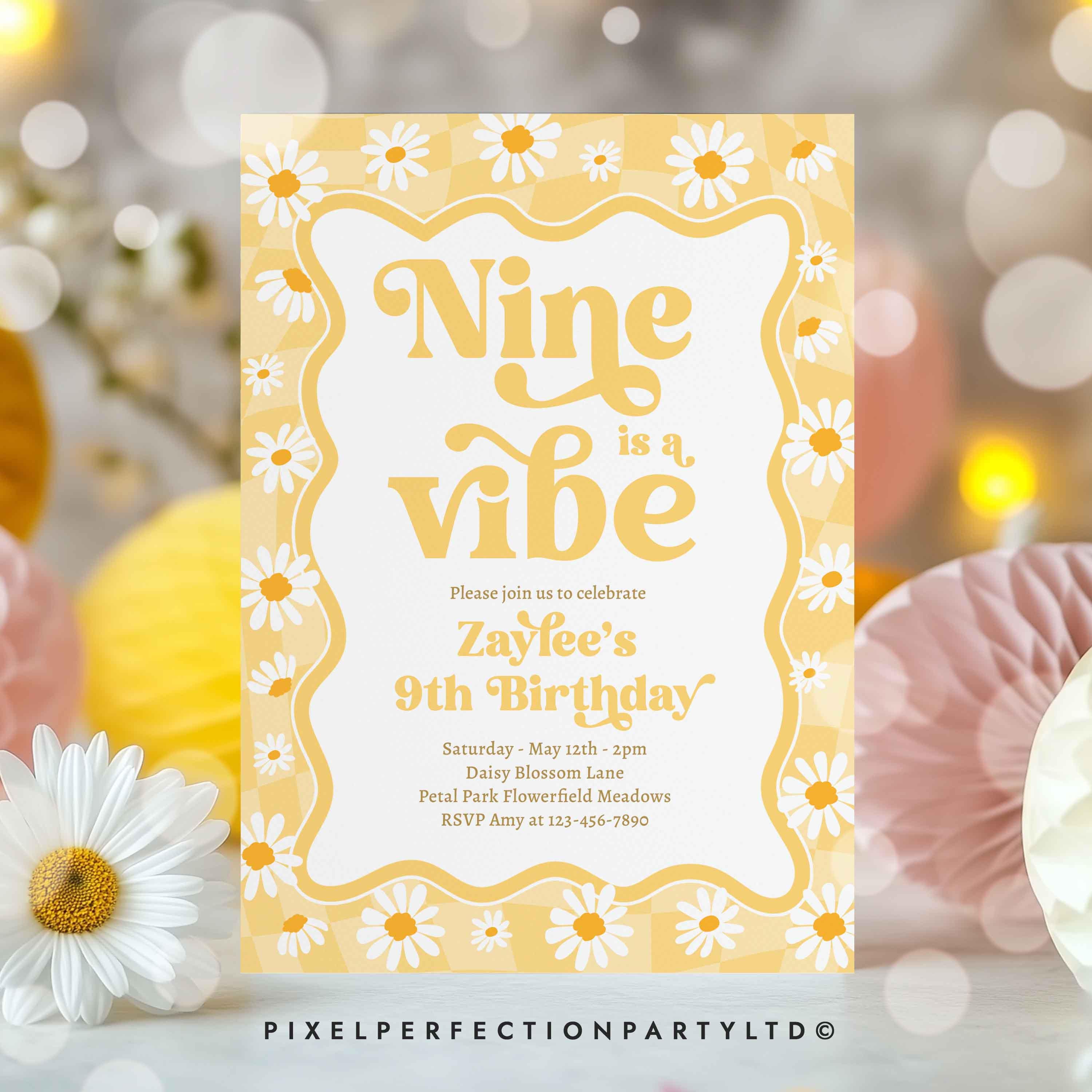 Editable Daisy Nine is A Vibe 9th Birthday Party Invitation Yellow Wavy ...