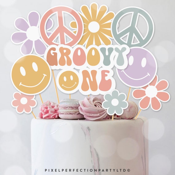 Groovy One Birthday Party Centerpiece Cake Toppers Hippie 70's Rainbow ...
