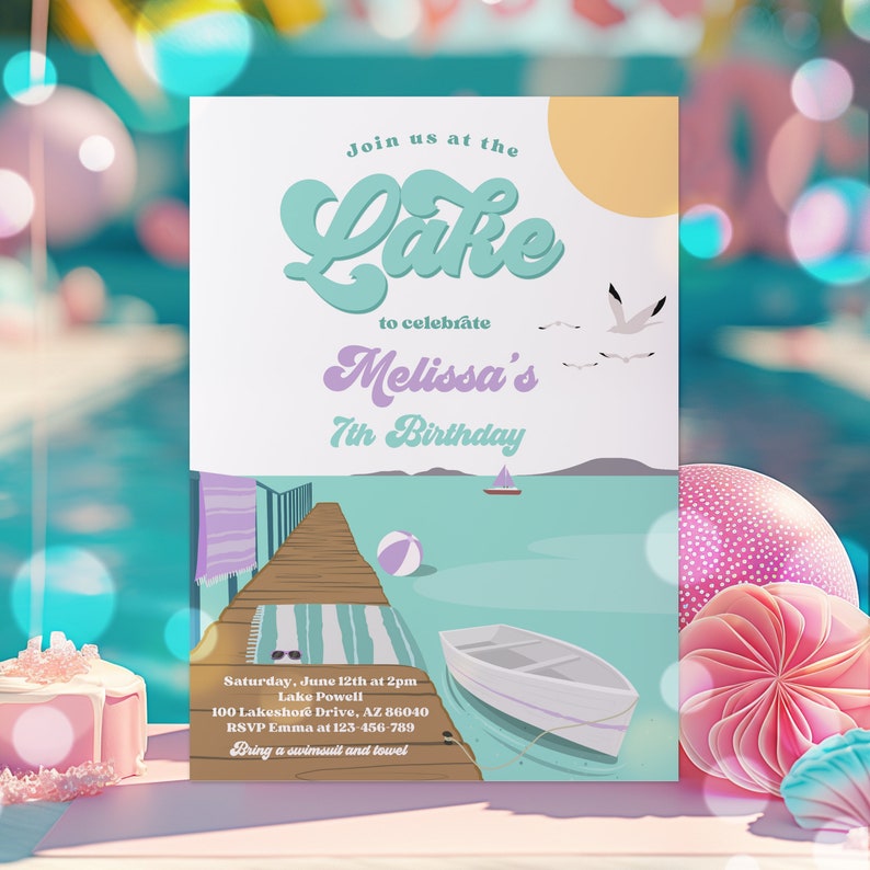 Editable Lake Birthday Party Invitation Boat Lake Birthday Party Summer ...
