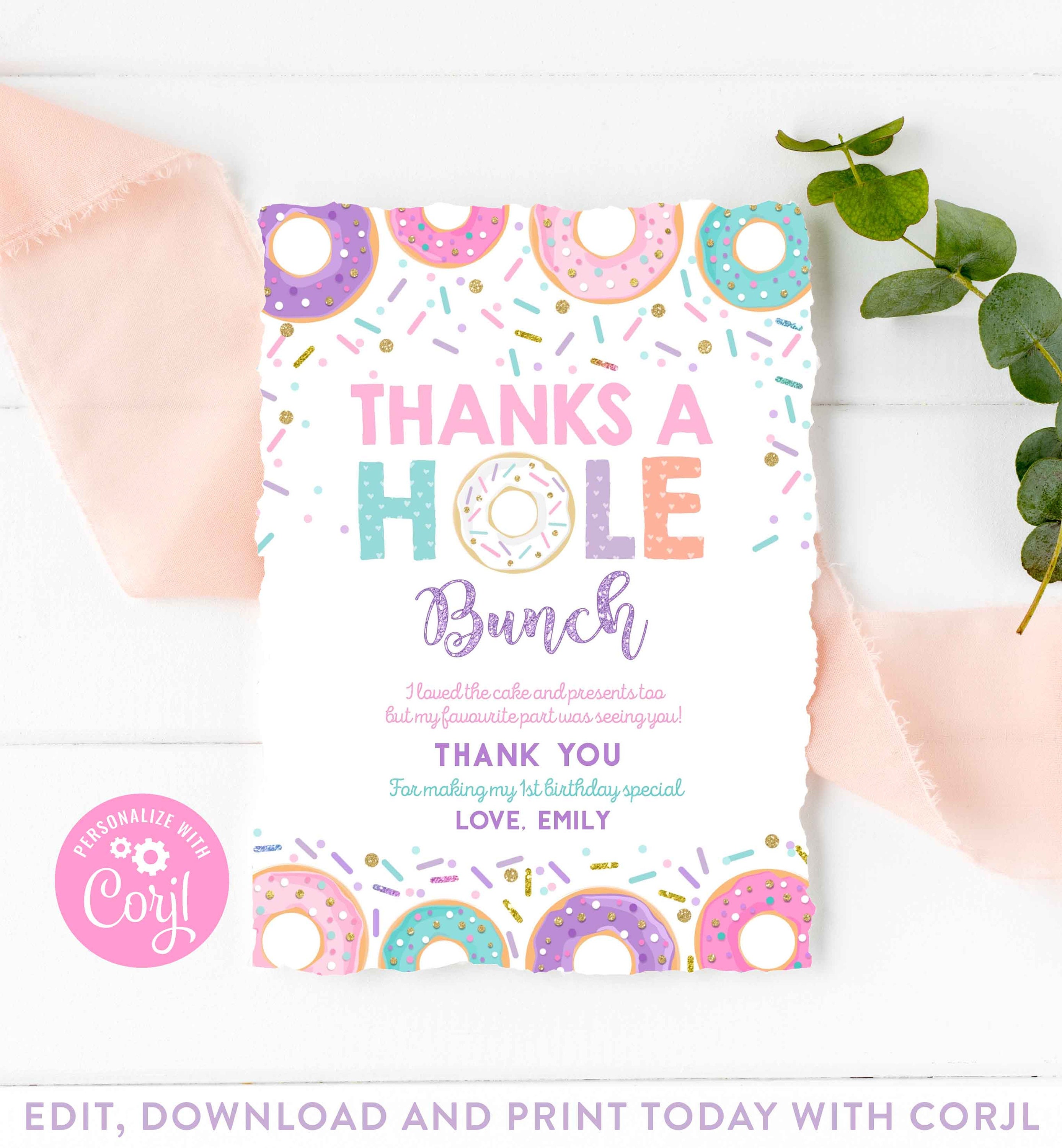 Editable Donut Thank You Card Birthday Donut Thank You Card | Etsy
