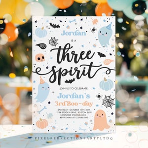 Editable Three Spirit Halloween Ghost 3rd Birthday Party Invitation ...