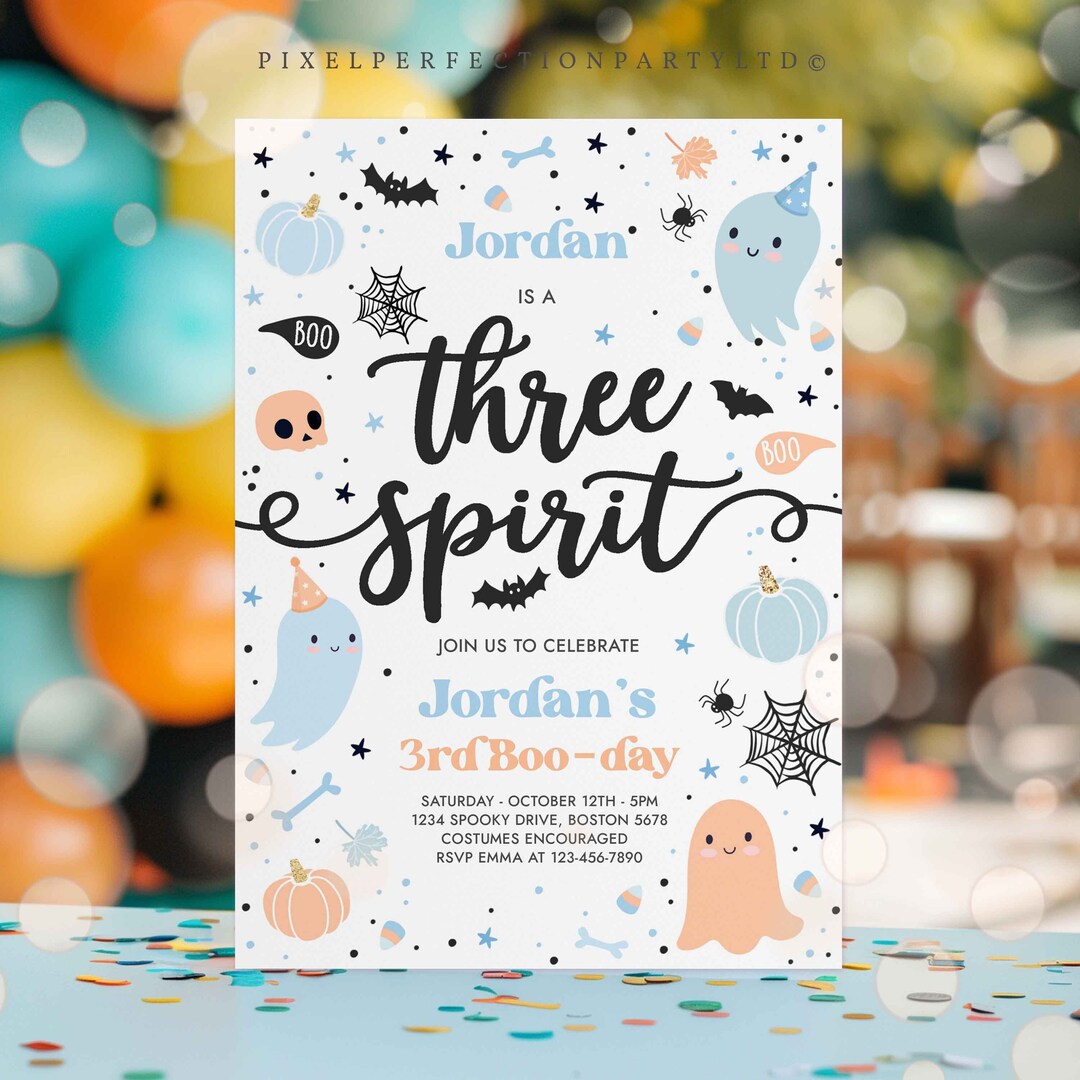 Editable Three Spirit Halloween Ghost 3rd Birthday Party Invitation ...