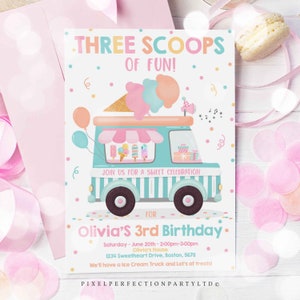 Editable Ice Cream Truck Three Scoops of Fun 3rd Birthday Party Invitation Ice Cream 3rd ...