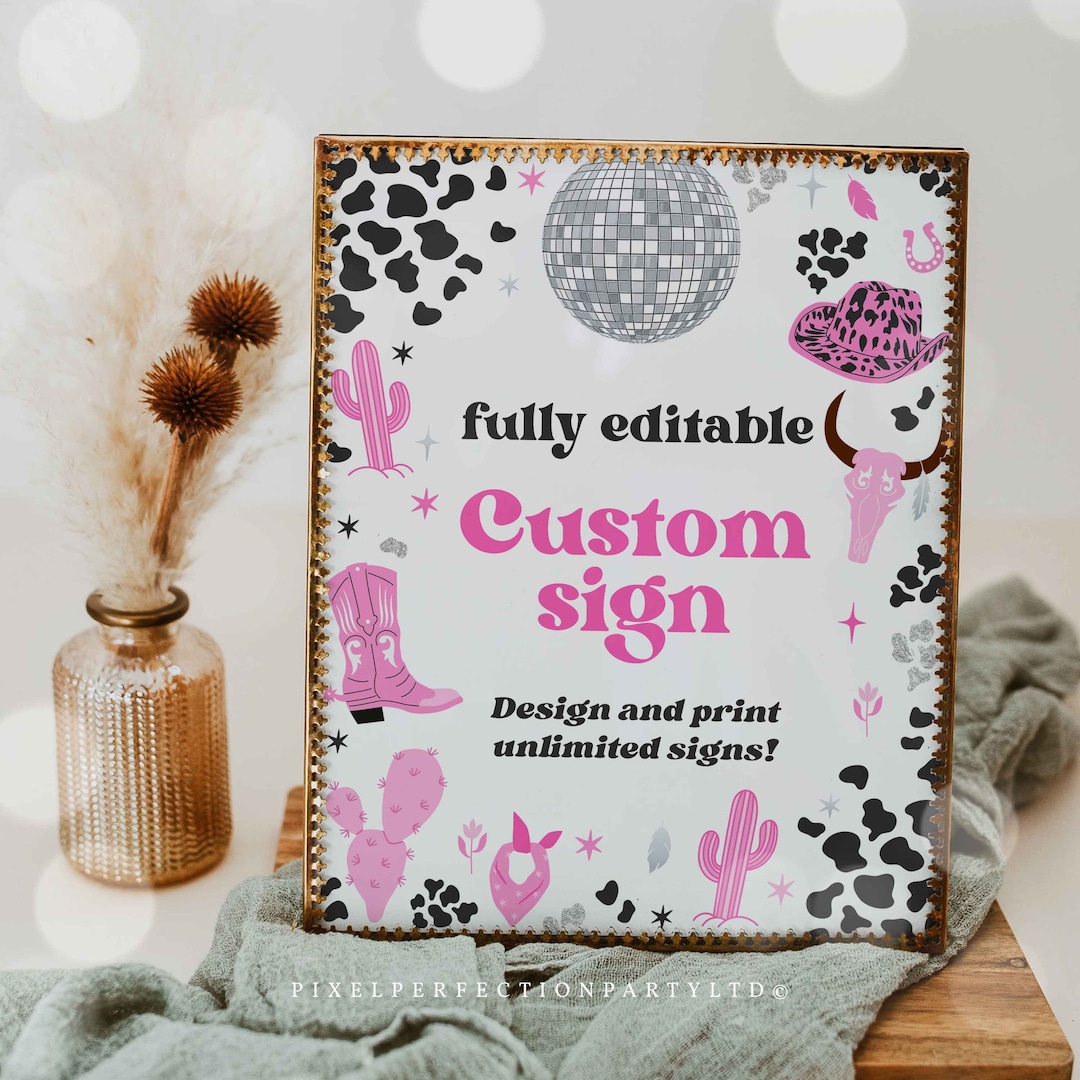 Editable Space Cowgirl Birthday Party Custom Sign Pink Disco Cowgirl ...