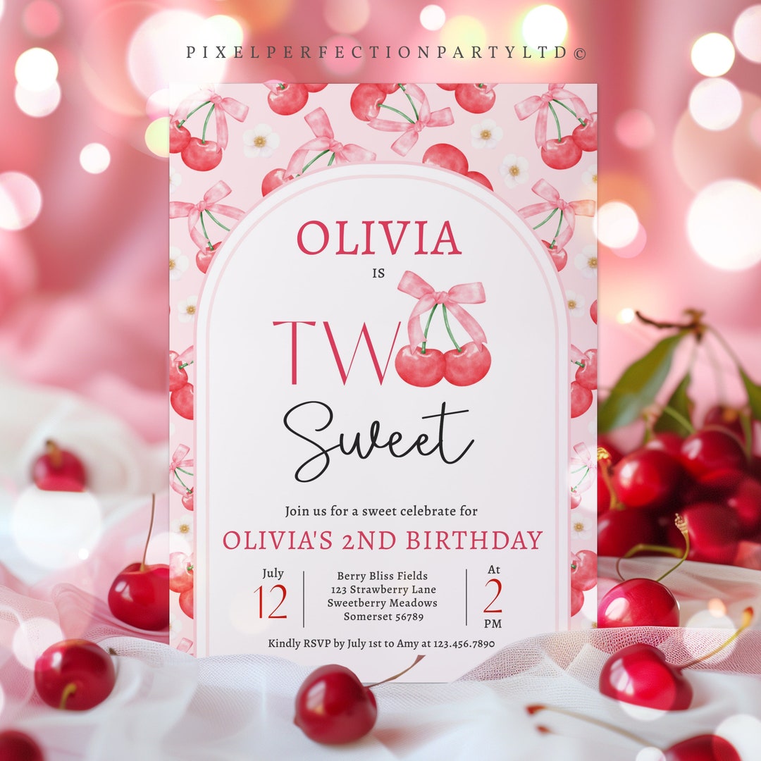 Editable Cherry 2nd Birthday Invitation Cherry Two Sweet 2nd Birthday ...