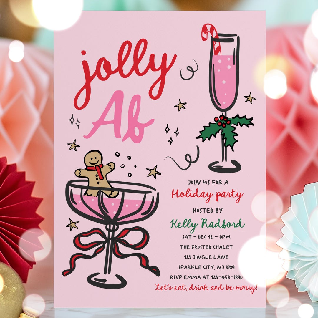 Editable Jolly AF Friendsmas Christmas Party Invitation Pink Red Hand ...