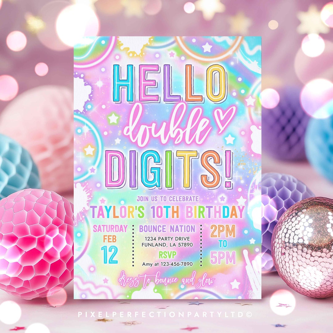 Editable Hello Double Digits 10th Birthday Party Invitation Hello ...