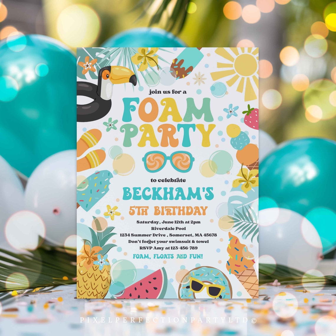 Editable Foam Birthday Party Invitation Tropical Pool Foam Boy Pool ...