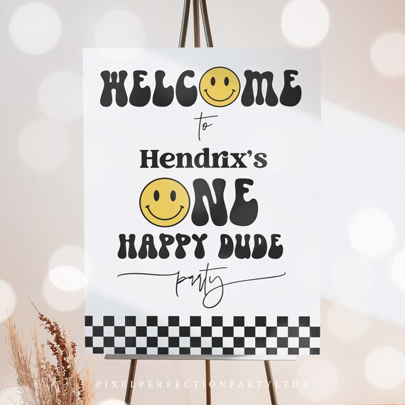 Editable One Happy Dude Birthday Party Welcome Smiley Face 1st Birthday ...