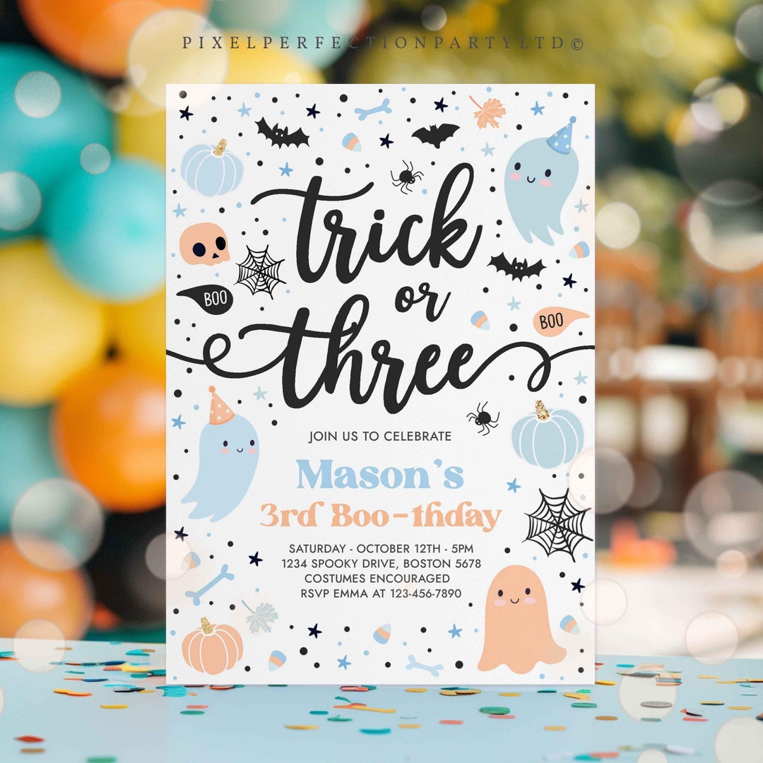 Editable Trick or Three Halloween Ghost 3rd Birthday Party Invitation ...