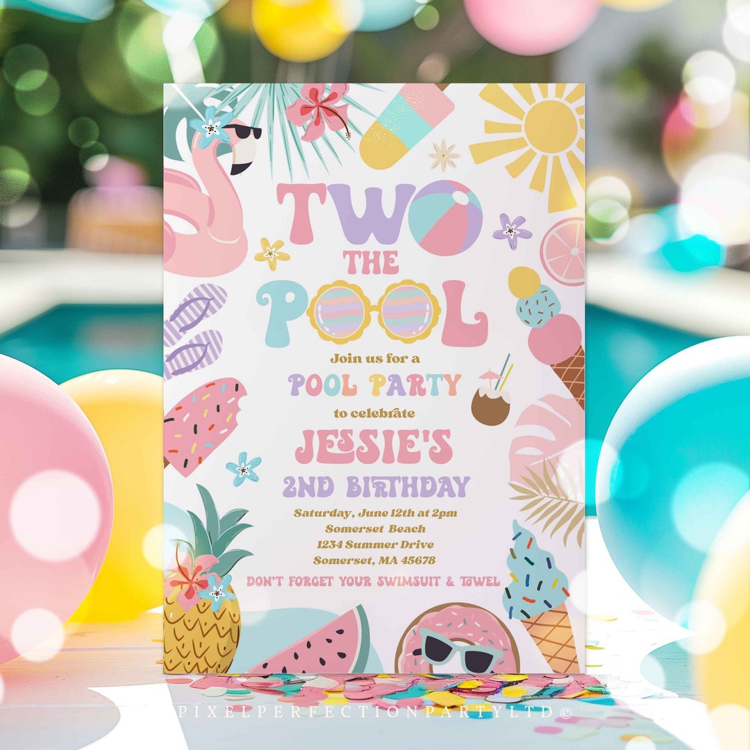 Editable Two the Pool 2nd Birthday Pool Party Invitation Tropical ...