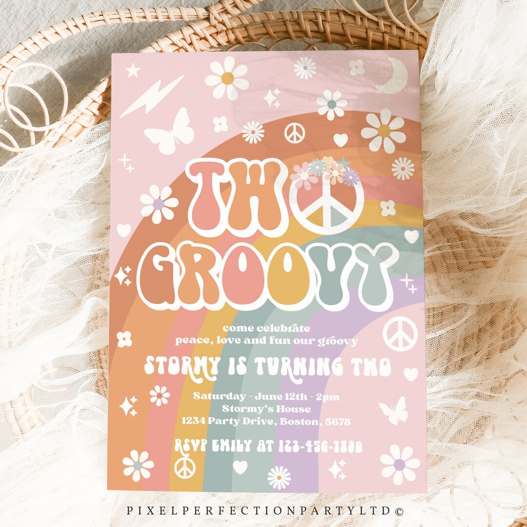 Editable Two Groovy Birthday Party Invitation Peace Love Party Groovy ...