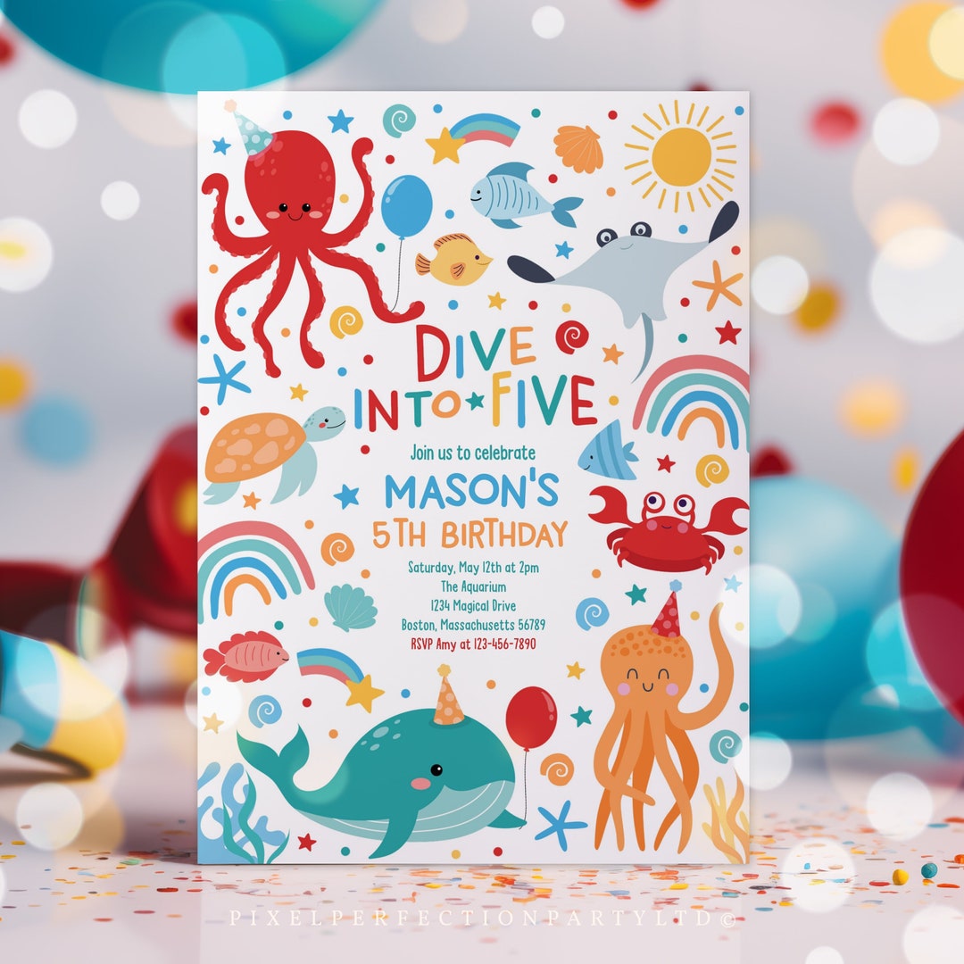 Editable Dive Into Five 5th Birthday Party Invitation Cute Sea ...