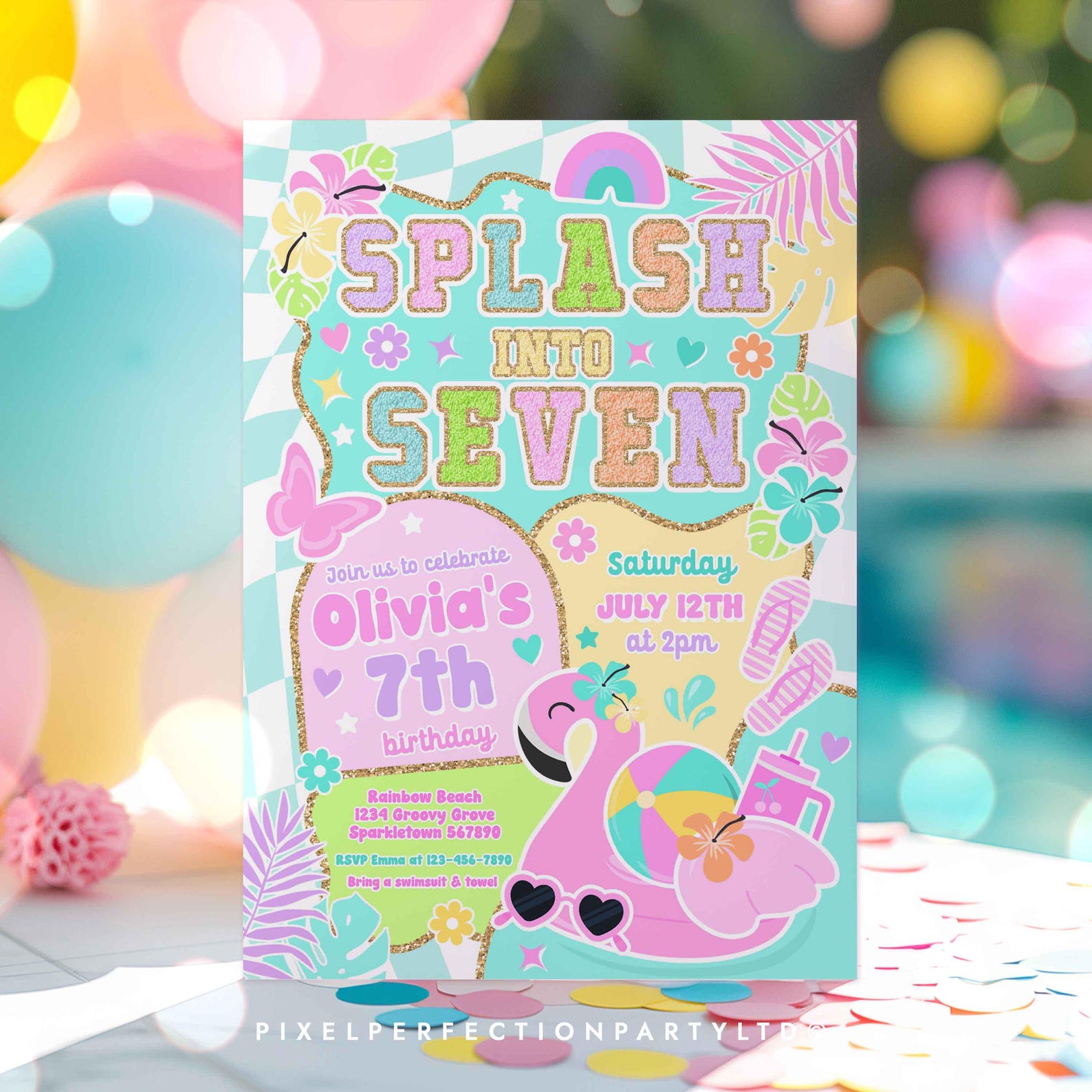 Editable Preppy 7th Birthday Pool Party Invitation Varsity Girl Fashion ...