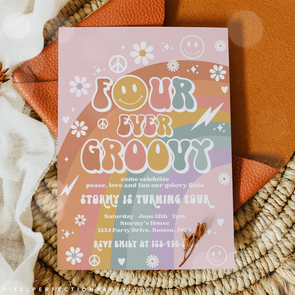Editable Four Ever Groovy Birthday Party Invitation Peace Love | Etsy