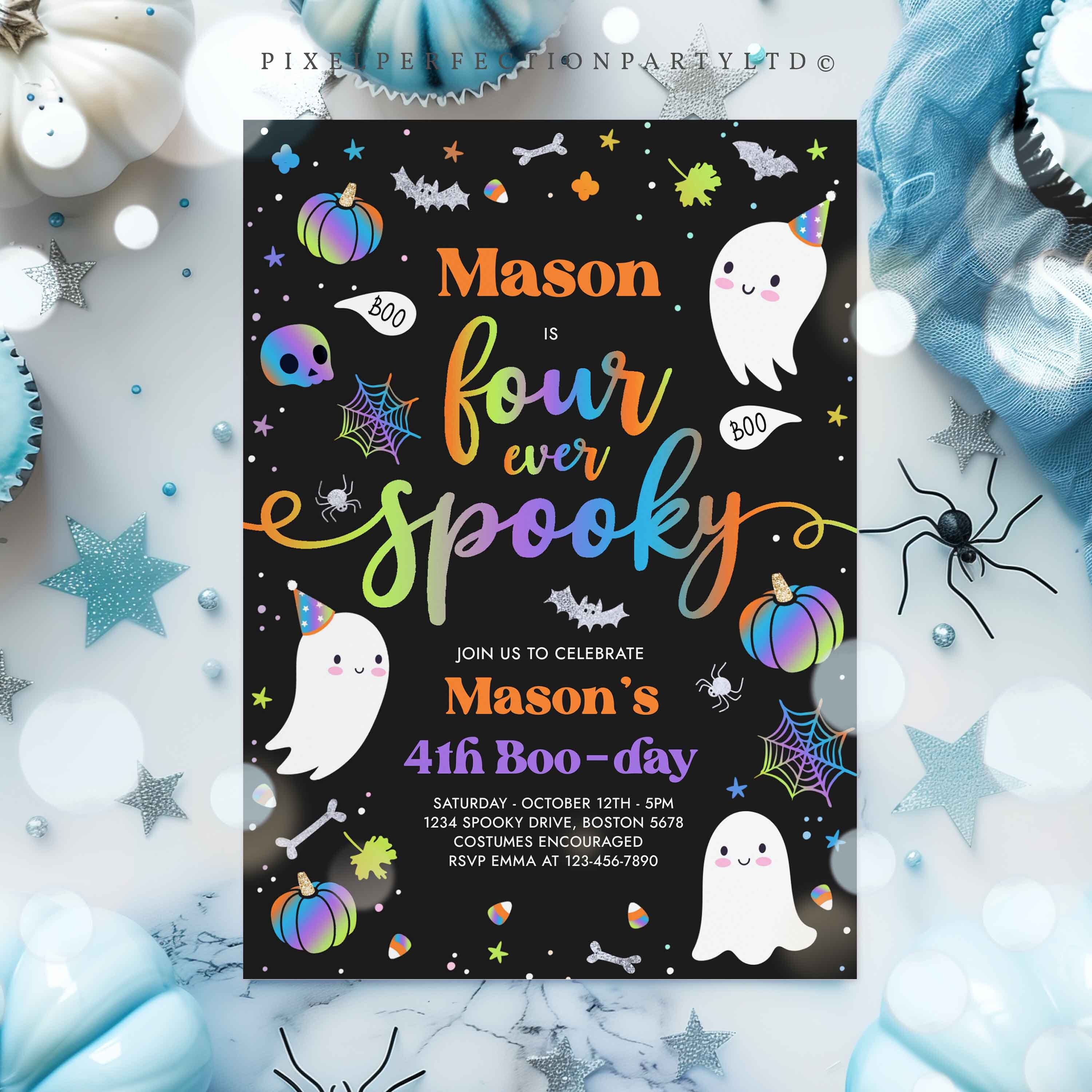 Editable Four Ever Spooky Halloween Ghost 4th Birthday Party Invitation ...