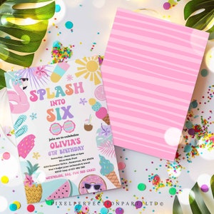 Editable Splash Into Six 6th Birthday Pool Party Invitation Tropical ...