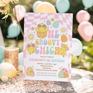 Editable One Groovy Chick 1st Birthday Party Invitation Spring Chicken ...