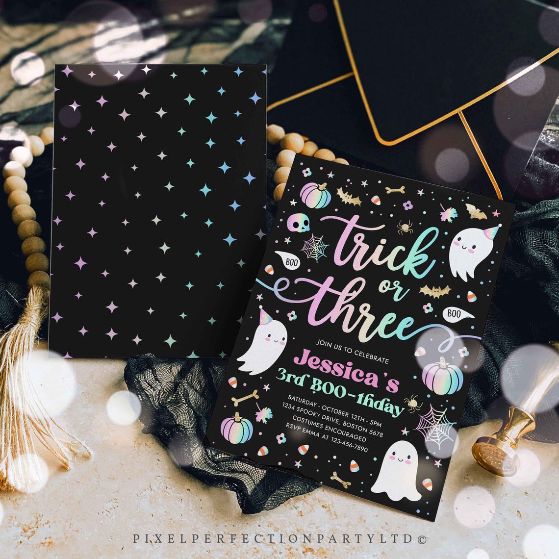 Editable Trick or Three Halloween Ghost 3rd Birthday Party Invitation ...