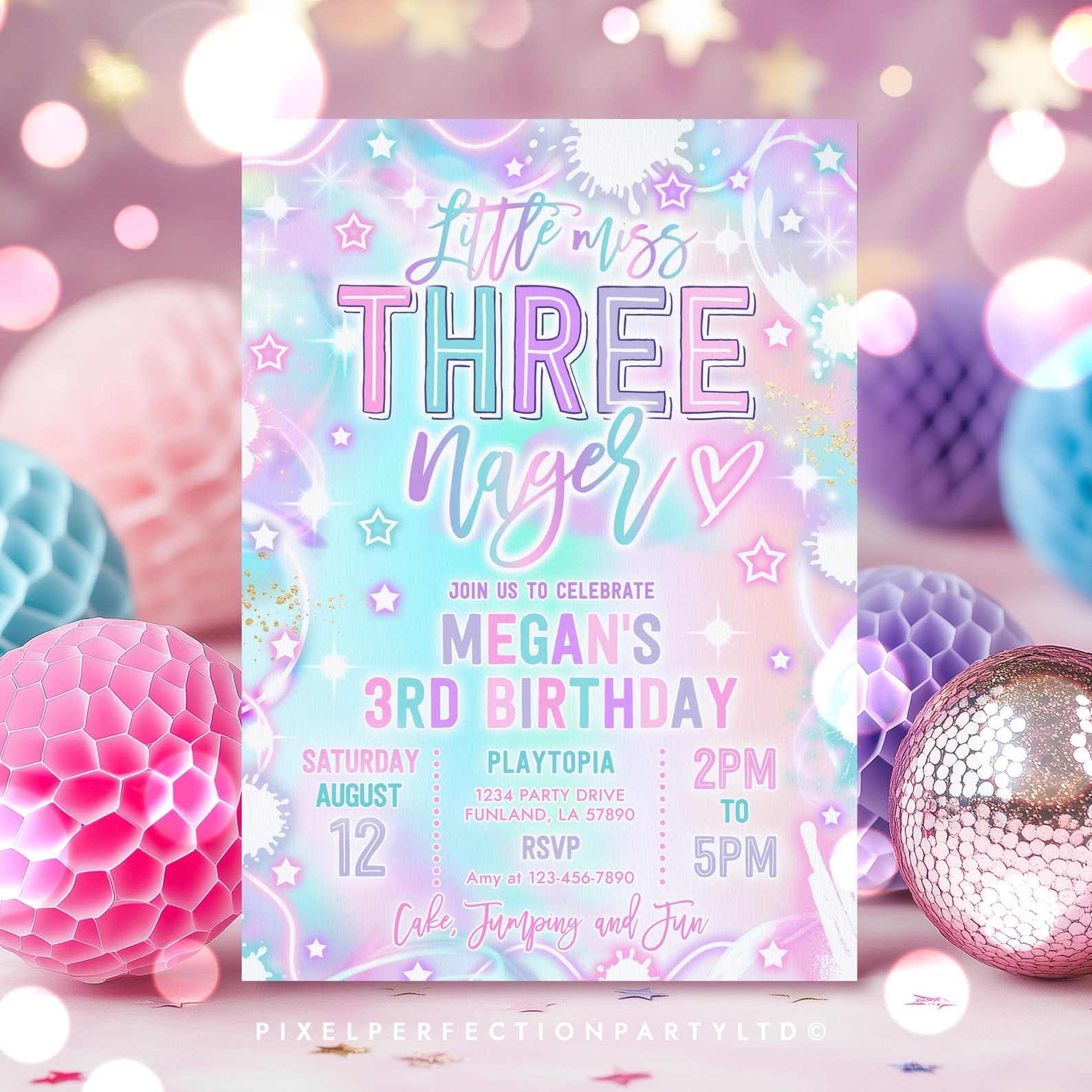 Editable Little Miss Three-nager 3rd Birthday Party Invitation Neon ...