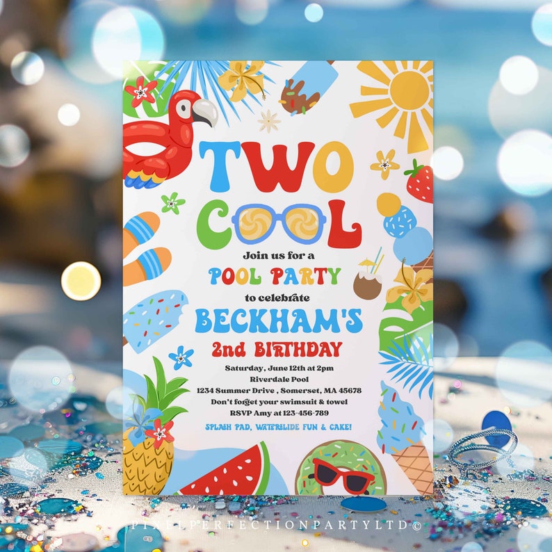 Editable Two Cool Birthday Party Invitation Tropical Splish Splash ...