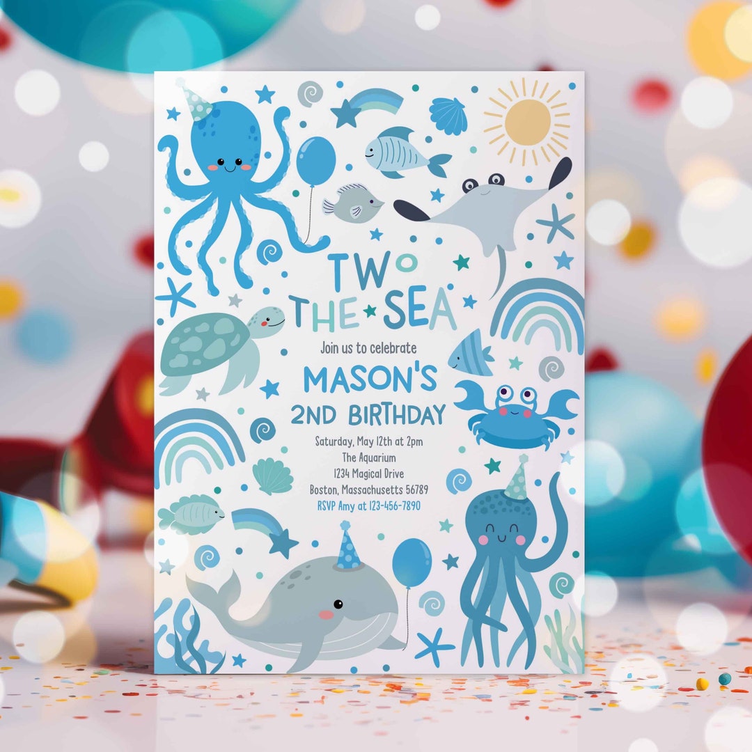 Editable Two the Sea 2nd Birthday Party Invitation Cute Sea Creatures ...