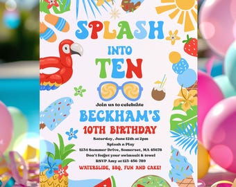 Editable Splash Into Ten 10th Birthday Pool Party Invitation Summer ...