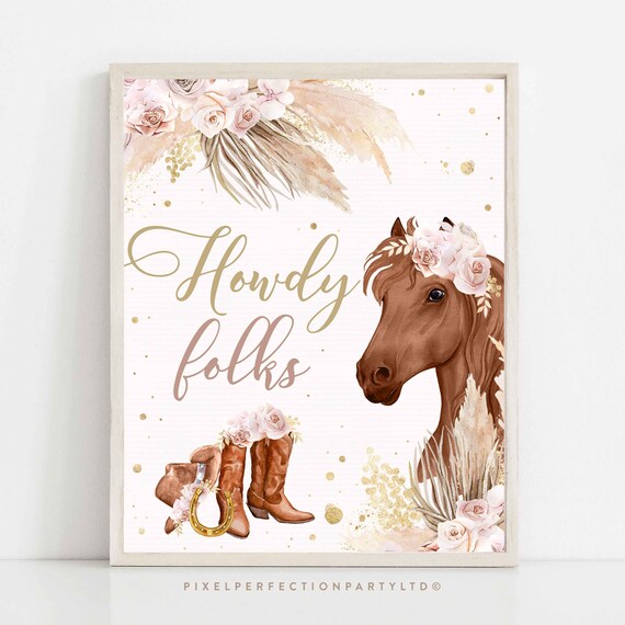 Cowgirl Birthday Howdy Folks Party Sign Boho Muted Pink Horse Party ...