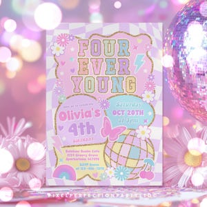 Editable Four Ever Young 4th Birthday Party Invitation Varsity Fashion ...